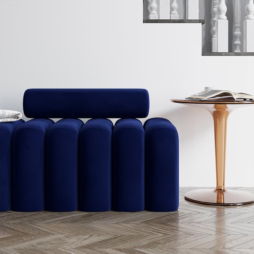 Modern Line Tufted Bench Upholstered Bench with Round Back Blue | Homary