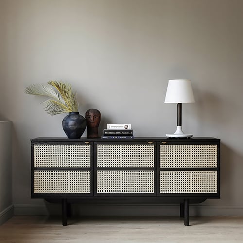 63" Modern Black Cane Sideboard Buffet Cabinet with 3 Rattan Door Pine ...
