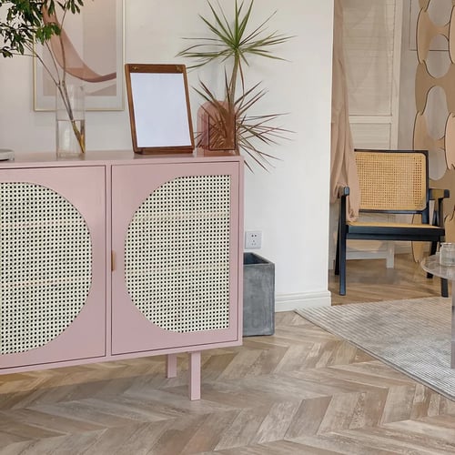 63" Japandi Rectangular Pink Rattan Sideboard Buffet 3 Doors Storage ...