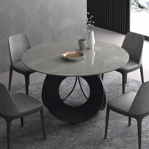 51" Round Gray Dining Table with Stone Top & Carbon Steel Base | Homary