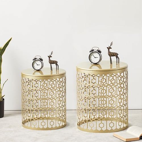 Gold Modern Round End Table Set of 2 Hollowed Design Metal Side Table ...