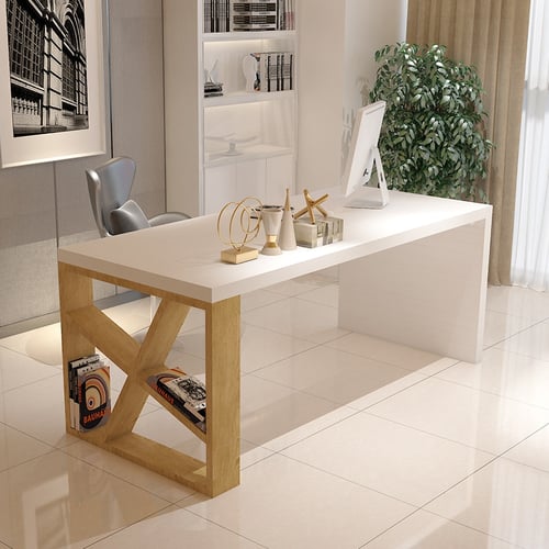 Modern White and Natural Rectangular Writing Desk with Shelves | Homary