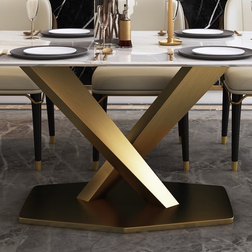 63" Modern White Marble Rectangular Dining Table with Stainless Steel X ...