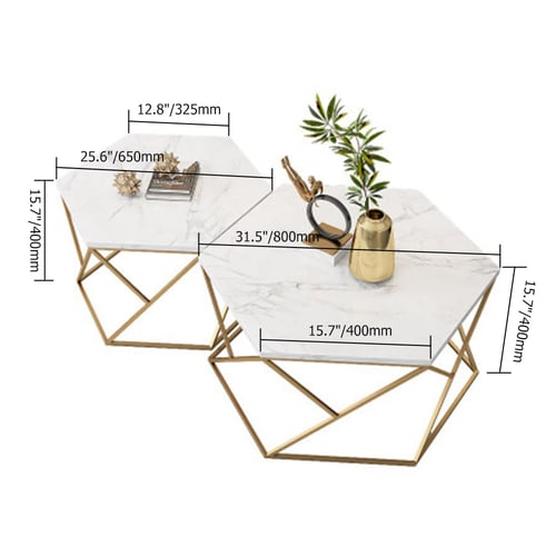 White Hexagon Coffee Table Set with Marble Top Metal Frame 2-Piece | Homary
