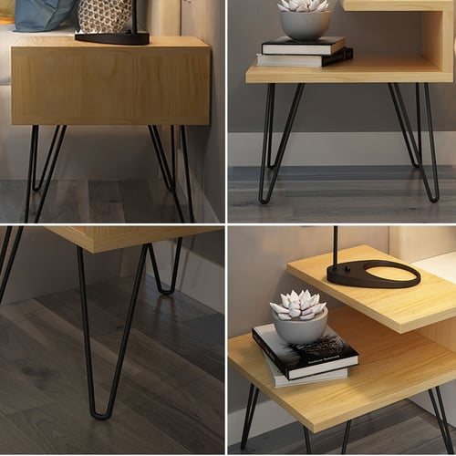 Minimalist Natural Nightstand Bedside Table Metal in Black Finish | Homary