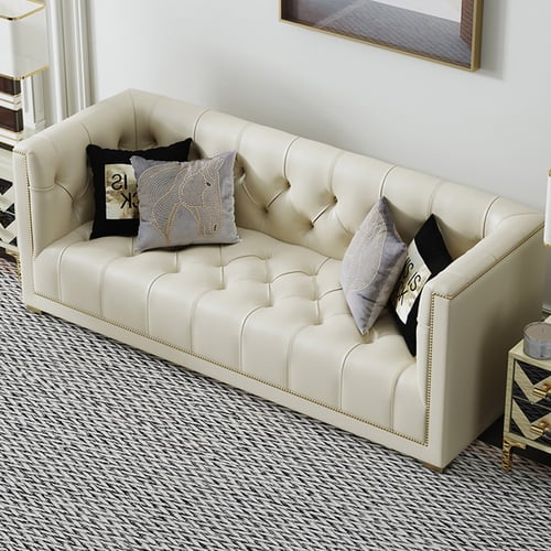 66" Beige Tufted Chesterfield Sofa Microfiber Leather Upholstered 2 ...