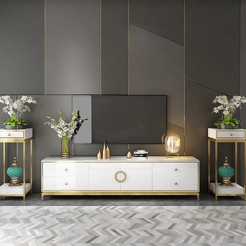Tile Modern White TV Stand with Drawers & Doors Gold Media Console for ...