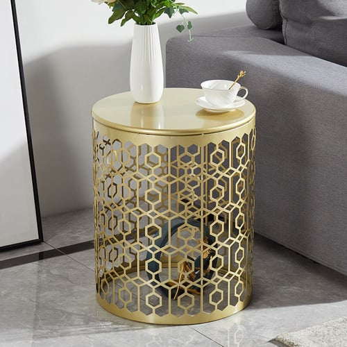 Gold Modern Round End Table Set of 2 Hollowed Design Metal Side Table ...