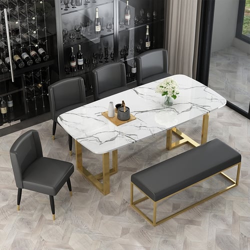 Mullia Modern 71" Dining Table with Faux Marble Top White Rectangle ...