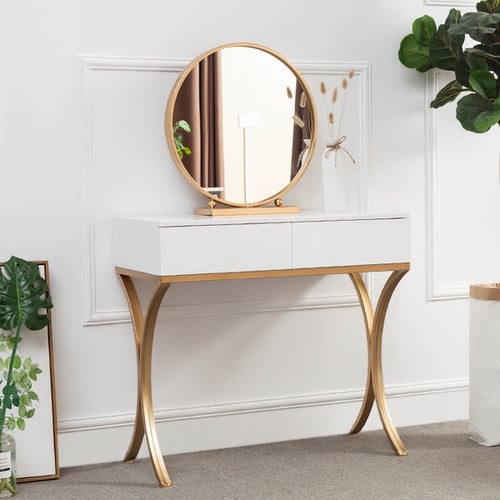 White Wood Makeup Table with Round Mirror & Chair Set Gold Metal Base ...