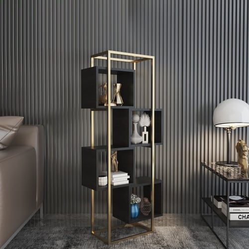 Black Rectangular Bookshelf Modern Pine & Metal Gold Bookcase with ...