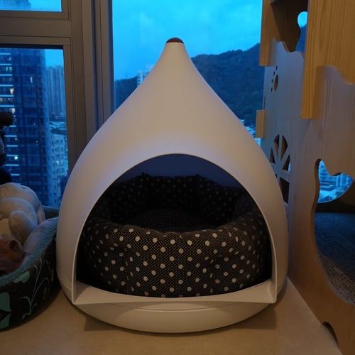 19.7" Water Drop Dome Cat Bed White Cat Cave House with Cushioned Pad ...