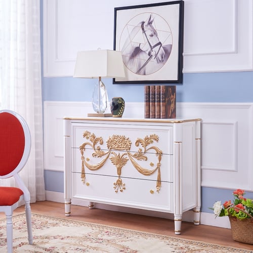 47" Classic White Entryway Cabinet Embossed Flower Patterns 3 Drawers ...