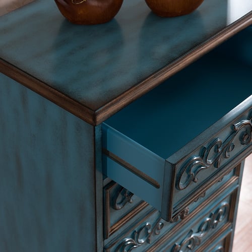 Rustic Distressed Blue Tall Dresser 5 Drawer Chest of Drawers Carved ...