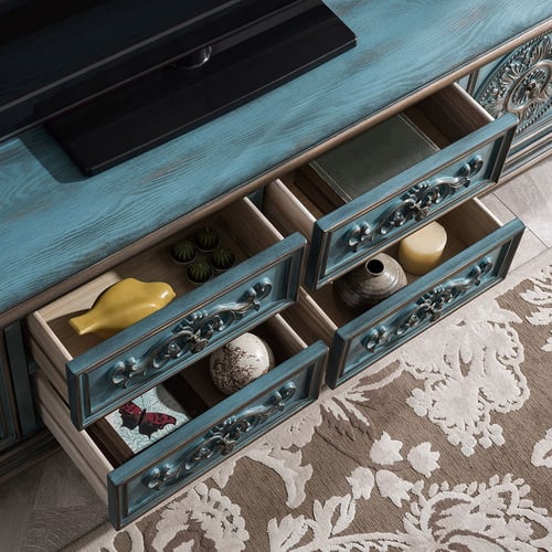 Vintage 70" TV Stand Distressed Carved TV Console with Drawers Antique ...