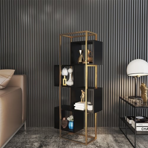Black Rectangular Bookshelf Modern Pine & Metal Gold Bookcase with ...
