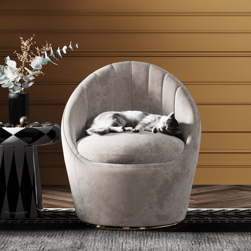Modern Gray Barrel Chair Golden Base Velvet Upholstered Accent Chair ...