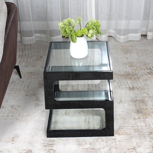 Modern Glass Side Table with 3 Tiers S-shaped End Table in Black | Homary