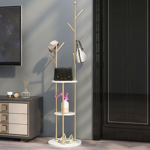 Gold Standing Coat Rack with 9 Hooks and 2 Shelves Modern Entryway ...