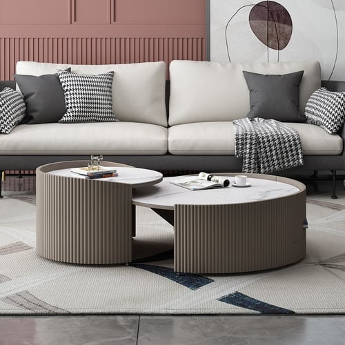 Modern Nesting Coffee Table Set with Drawer Sintered Stone Top 2-Piece ...