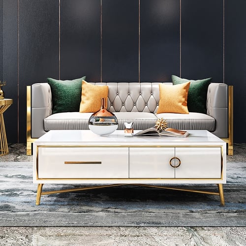 Modern White Coffee Table with Drawers Tempered Glass Top & Stainless ...