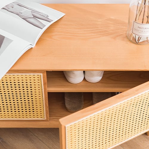 Farmhouse Bench Rattan Shoe Rack in Natural with Door | Homary