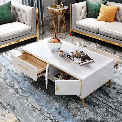 Modern White Coffee Table with Drawers Tempered Glass Top & Stainless ...