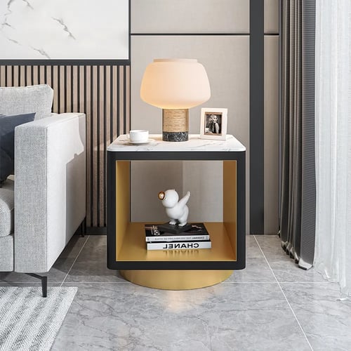 Modern White Side Table with Storage Hollow Cube Table with Gold Metal ...