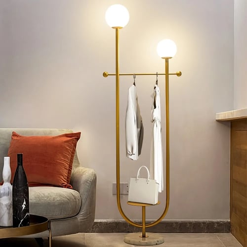 Gold Shelf LED Floor Lamp 2-Light Coat and Clothing Rack | Homary