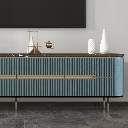 Modern Blue TV Stand Black Faux Marble Top 4-Door TV Console | Homary