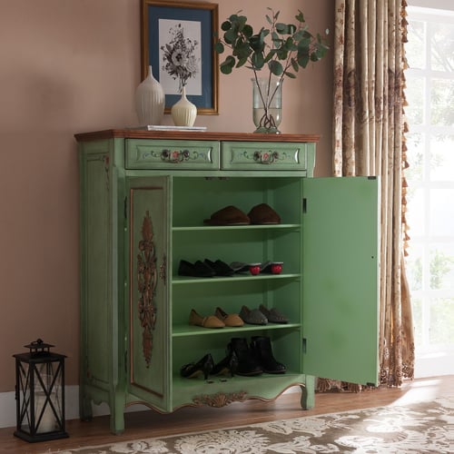 Vintage Green Shoe Cabinet Florally Patterned & Embossed 16 Pairs Shoe ...