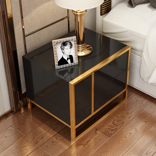 Rimh Black Lacquer Bedroom Nightstand Stainless Steel in Gold | Homary