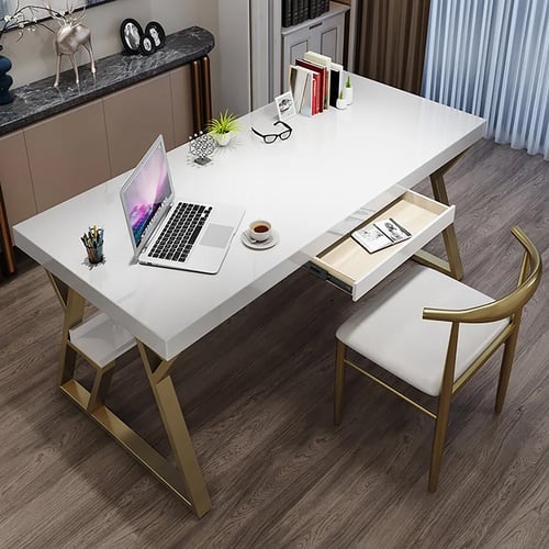 63" Modern Rectangular White Office Computer Desk with Drawer and Shelf ...