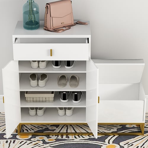 White Shoe Storage Bench 4 Shelves PU Leather Upholstered Shoe with ...