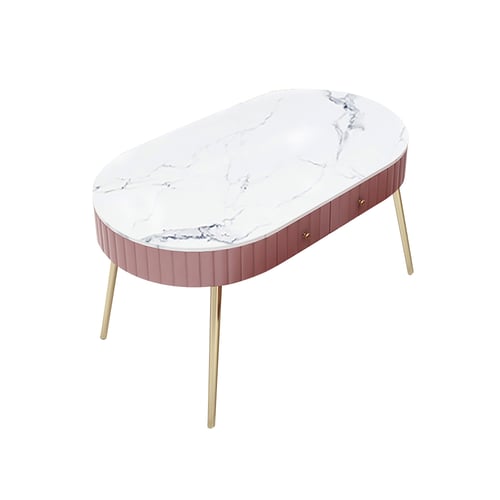 Pink Oval Dining Table with Drawer Marble Top & Metal Legs | Homary