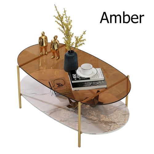Amber Modern Oval Coffee Table with Marble Shelf Tempered Glass Top ...