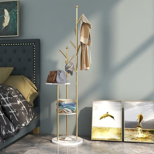 Gold Standing Coat Rack with 9 Hooks and 2 Shelves Modern Entryway ...