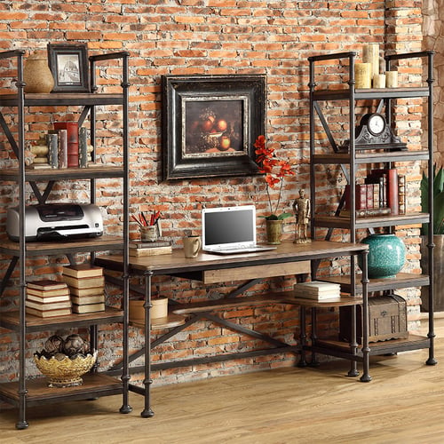 Industrial Wood Computer Desk Black Pipe Loft Writing Desk with Shelf ...