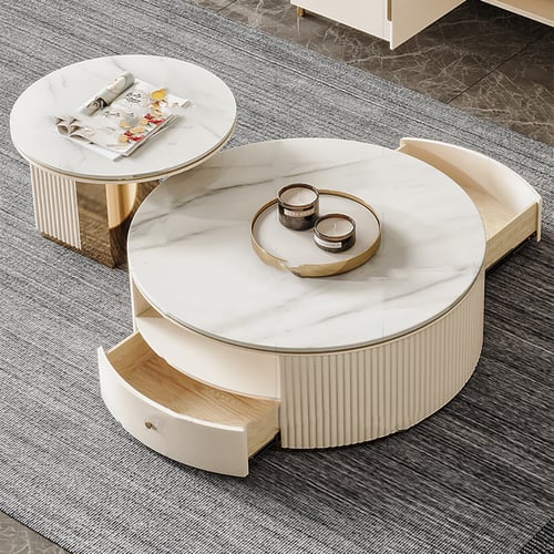 Mytures Modern Round Nesting Coffee Table with Storage White Sintered ...