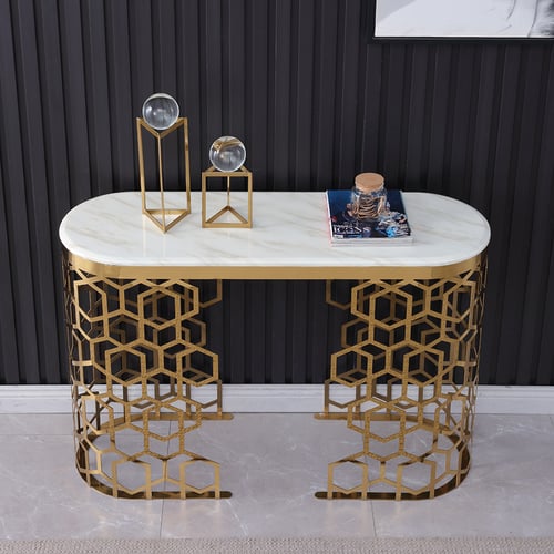 1500mm White Oval Narrow Entryway Table Marble Console Table with ...