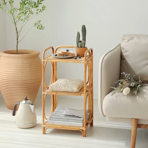 Pine Wood Side Table in Natural with 3-Tier Storage Rattan Woven End ...