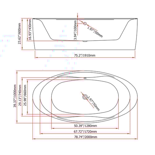 79'' MicroSilk Acrylic Freestanding Oval Bathtub with Massage in Glossy ...