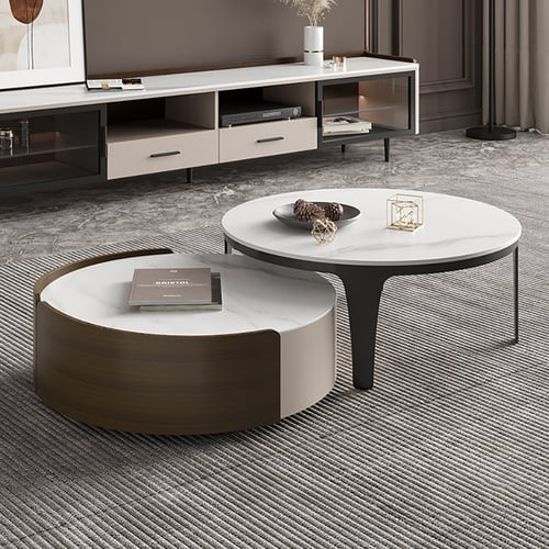 Modern Nesting Round Coffee Table Set White Sintered Stone Top 2 Pieces ...