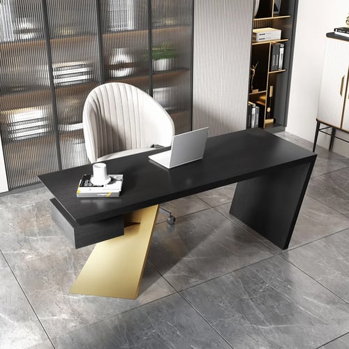 Cabstract Black and Gold Computer Desk Modern Writing Desk with Drawer ...