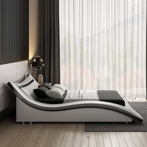 Modern White Wave-Like Upholstered Bed Faux Leather Low Profile Bed ...