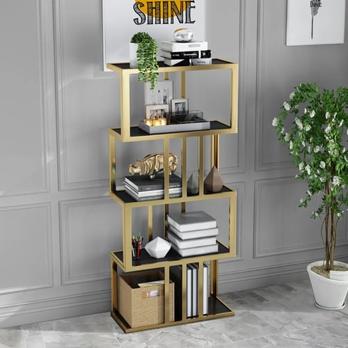 Modern Freestanding Irregular Etagere Bookshelf in Gold & Black | Homary