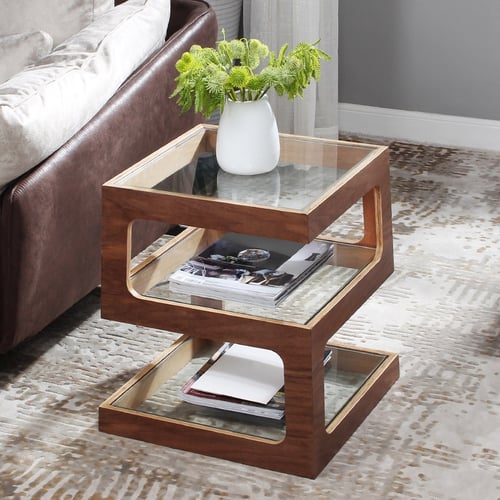 Modern Glass Side Table with 3 Tiers S-shaped End Table in Walnut | Homary