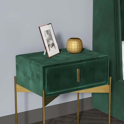 Green Bedroom Nightstand with Drawer Velvet Upholstered and Stainless ...