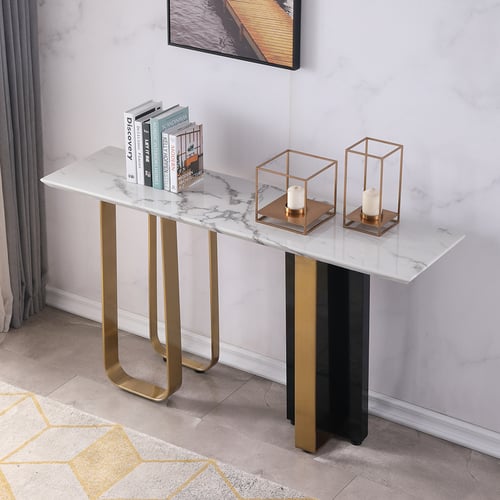 59.1" White Marble Rectangular Entryway Table Console Table Stainless ...