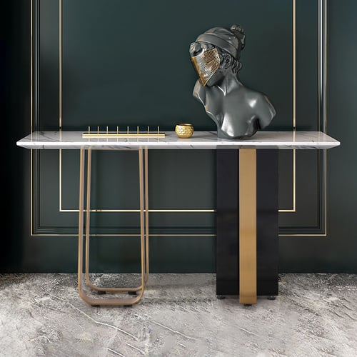 59.1" White Marble Rectangular Entryway Table Console Table Stainless ...